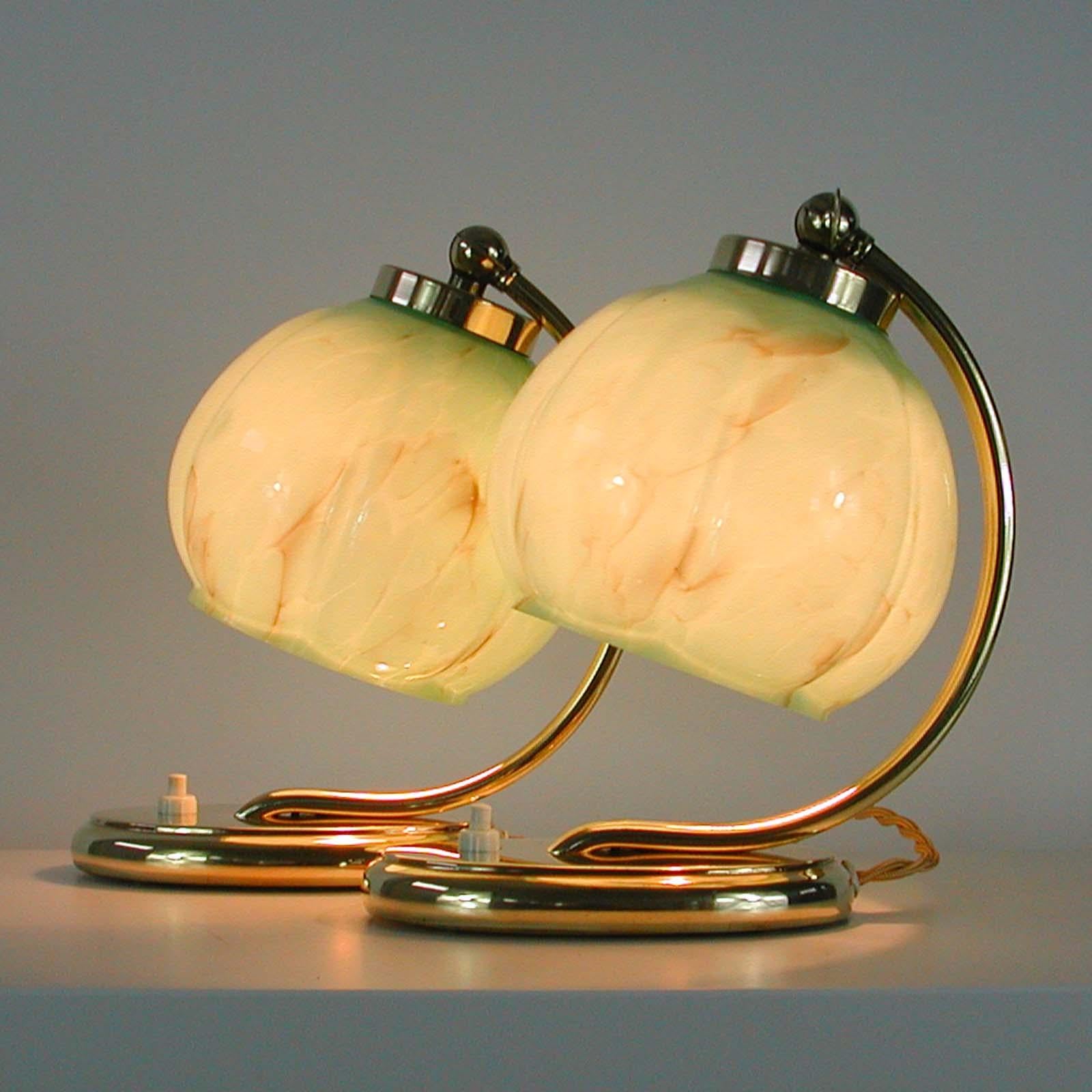 German Bauhaus Brass Table Lamps Marbled Opal Shades, Set of 2, 1930s ...