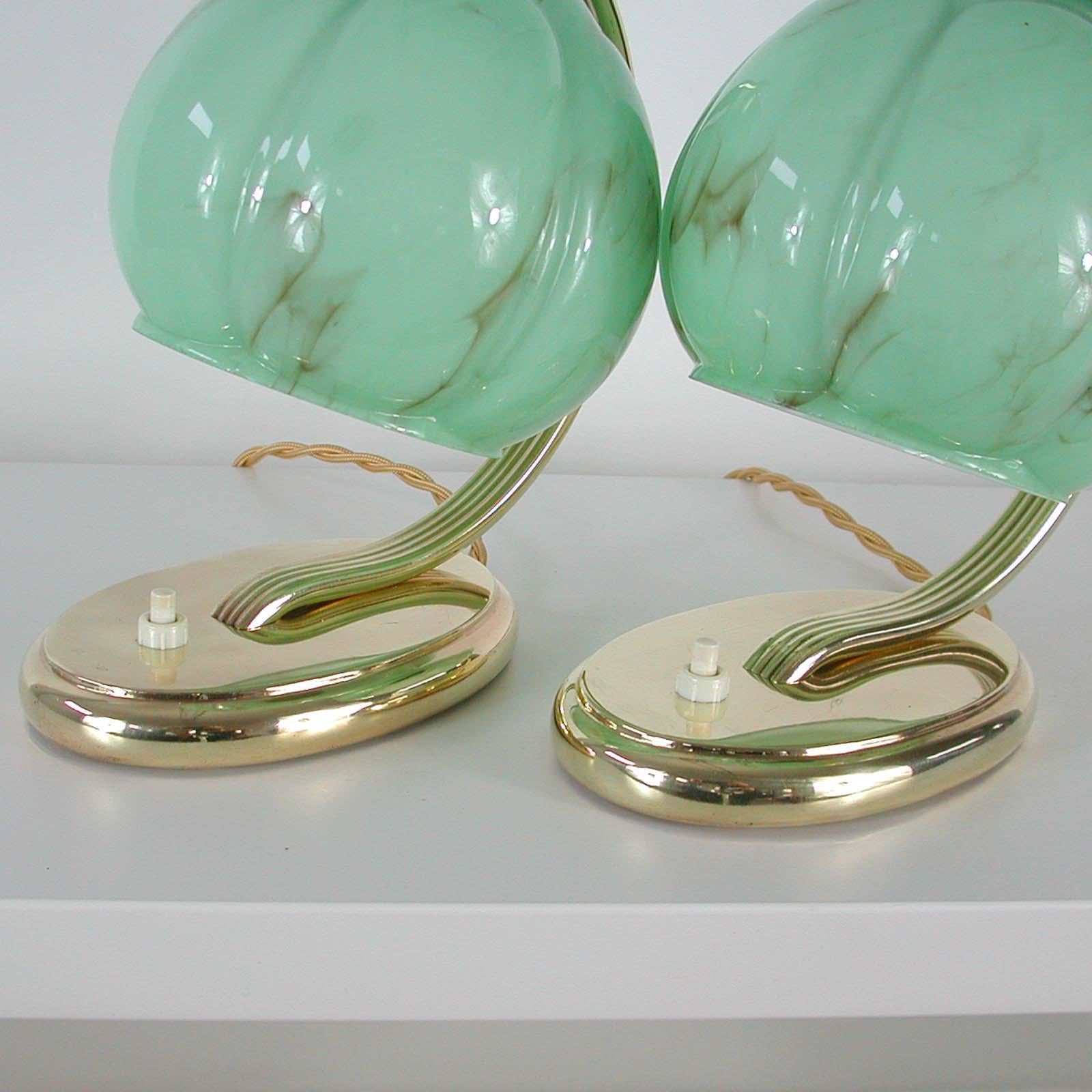 German Bauhaus Brass Table Lamps Marbled Opal Shades, Set of 2, 1930s ...