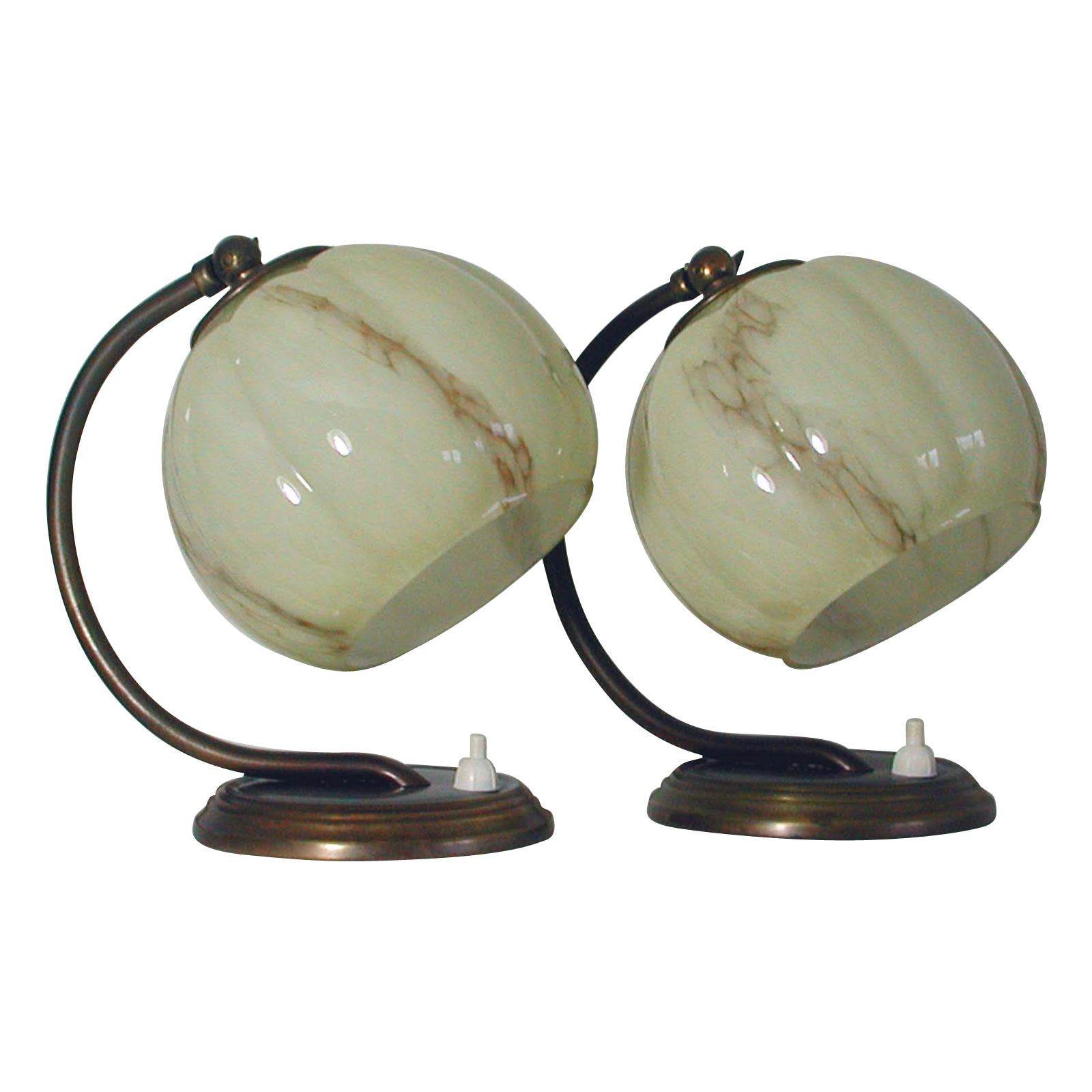 German Bauhaus Bronzed Table Lamps Marbled Opal Shades, Set of 2, 1930s ...