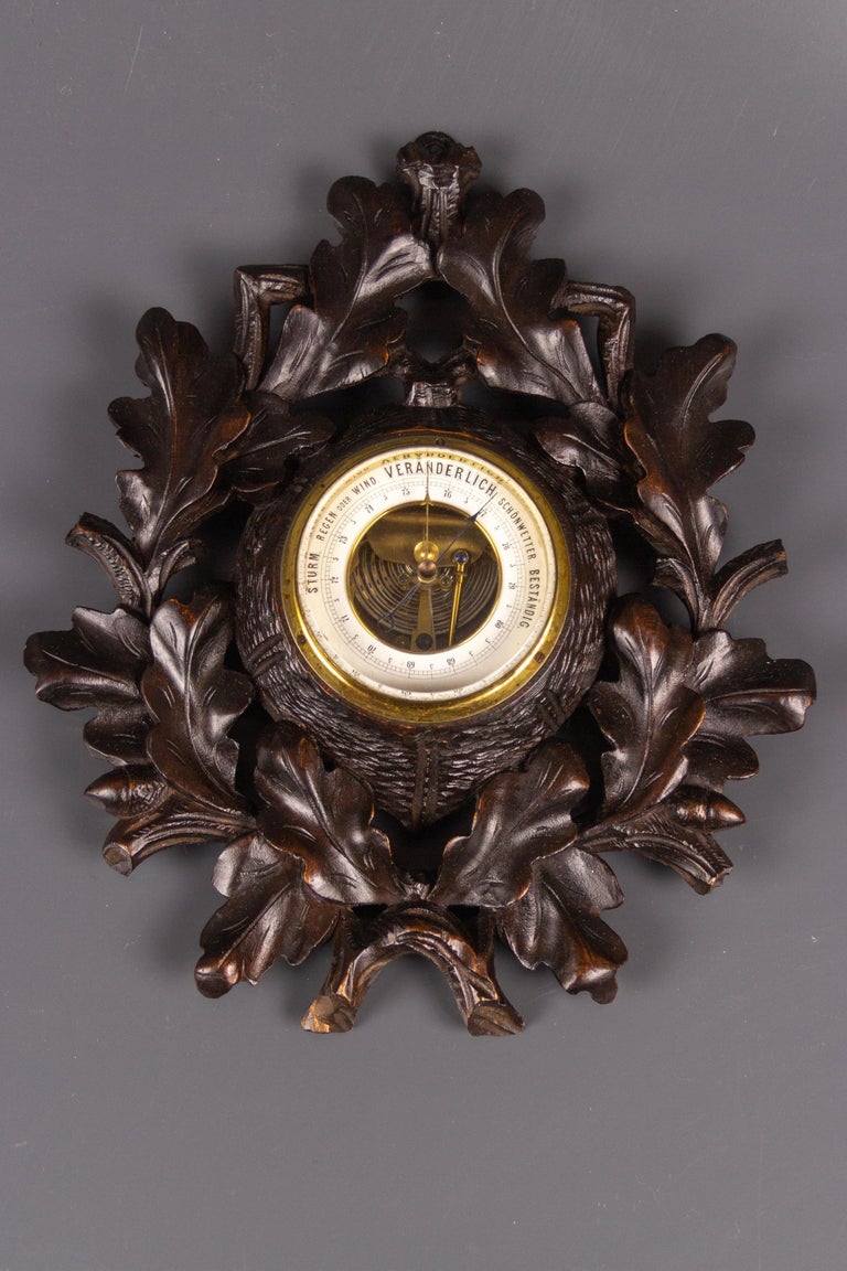Antique German Barometer with Hand-Carved Oak Leaves and Acorns, 1920s ...
