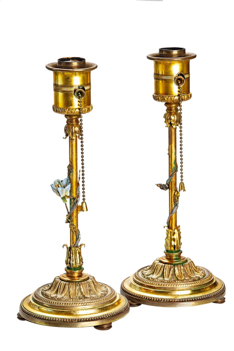 German Brass Candlestick Table Lamps W/Wrap Around Vines, Pair For Sale ...