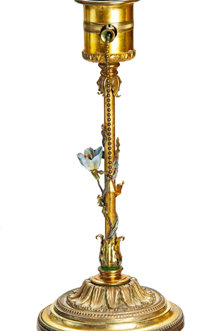 German Brass Candlestick Lamps w Vines and Vintage Stenciled Shade, a ...