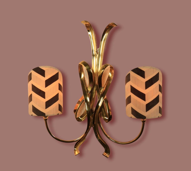 German Craftmanship: Golden Wall Light with Velvet Lampshades, 1970s ...