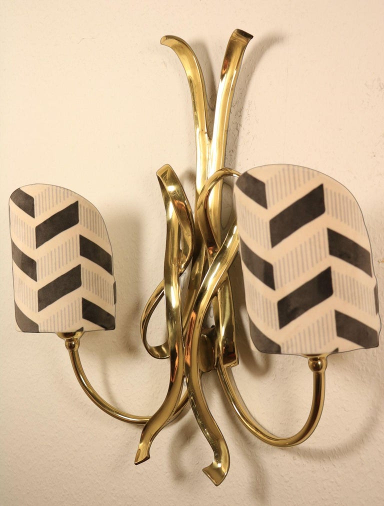 German Craftmanship: Golden Wall Light with Velvet Lampshades, 1970s ...