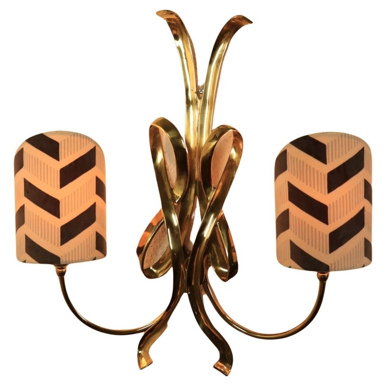 German Craftmanship: Golden Wall Light with Velvet Lampshades, 1970s ...