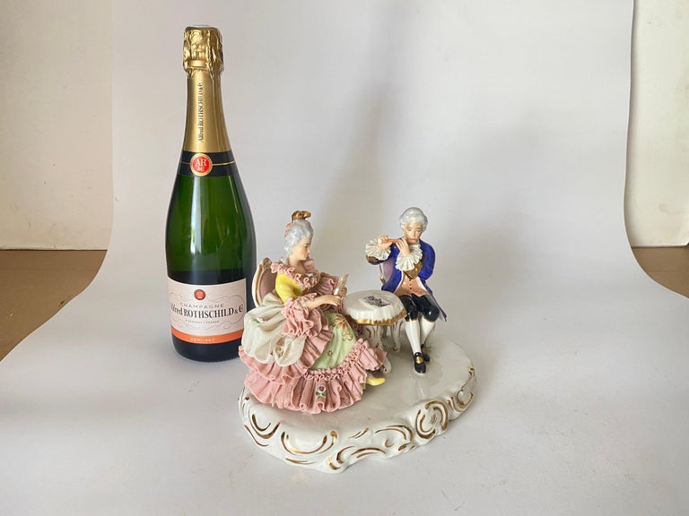 German Dresden Lace Porcelain Figurine Group, Couple Playing Chess Blue ...