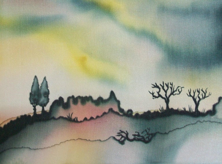 German Expressionist Landscape Painting on Silk, Unsigned, Mid 20th ...