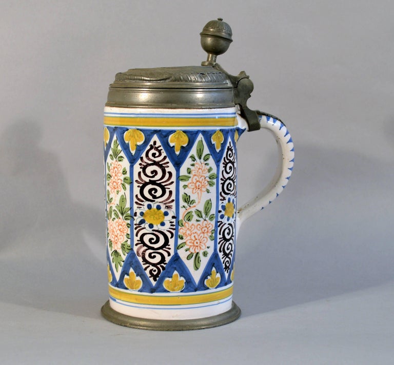 German Faience, Tin-Glazed Earthenware Tankard w/ Bands of Flowers ...