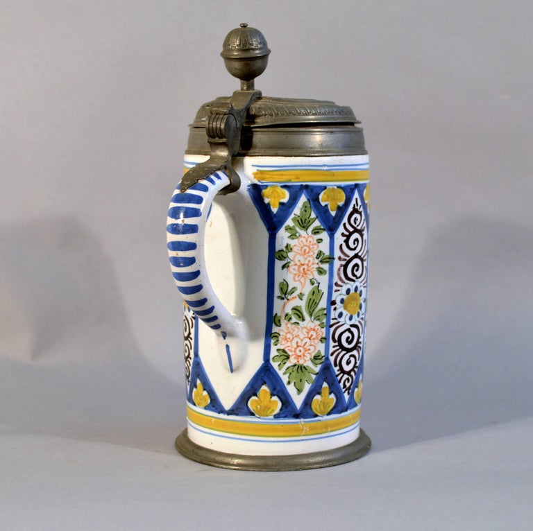 German Faience, Tin-Glazed Earthenware Tankard w/ Bands of Flowers ...