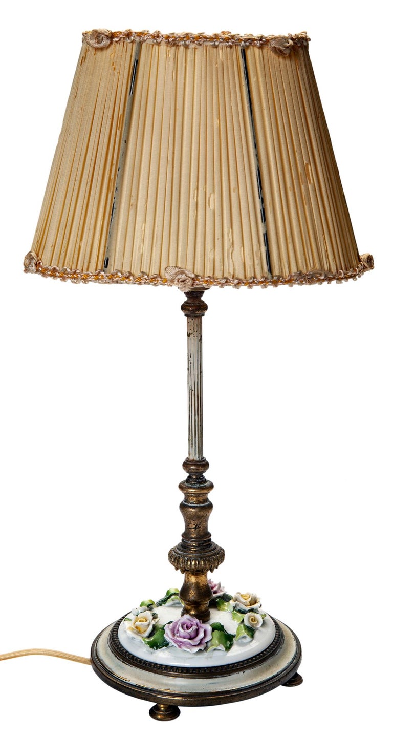 German Footed Candlestick Vanity Lamps with Porcelain Flowers; a Pair ...