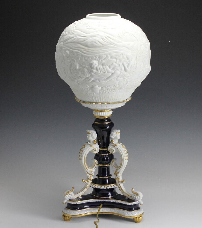 German Footed Porcelain Lamp, White Bisque Shade w/ Putti, Figures ...