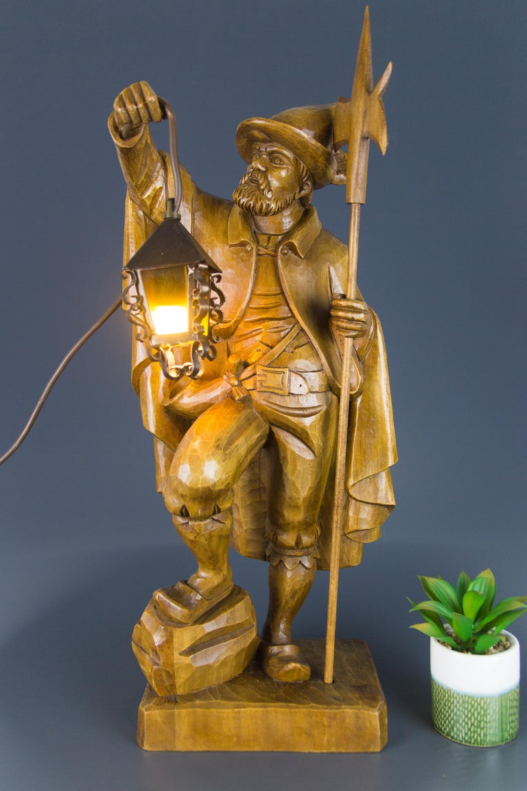German Hand Carved Wooden Figurative Sculpture Lamp Night Watchman with ...