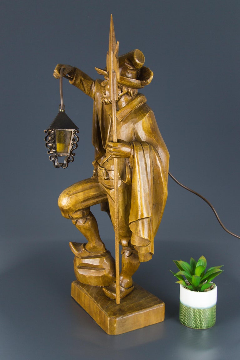 German Hand Carved Wooden Figurative Sculpture Lamp Night Watchman with ...