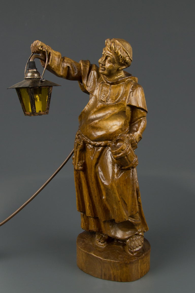 German Hand Carved Wooden Sculpture Figurative Lamp Monk with Lantern ...