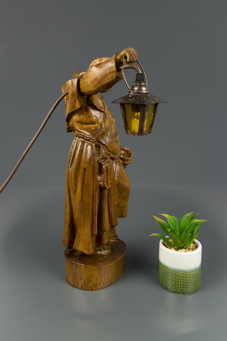 German Hand Carved Wooden Sculpture Figurative Lamp Monk with Lantern ...