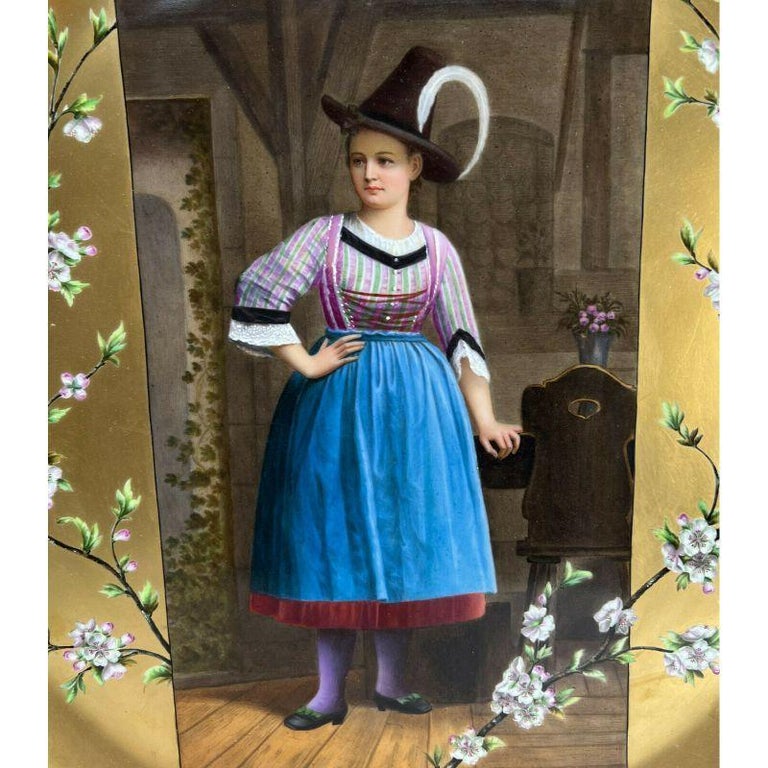 German Hand Painted Porcelain Plaque of a Young Bavarian Woman, Framed ...