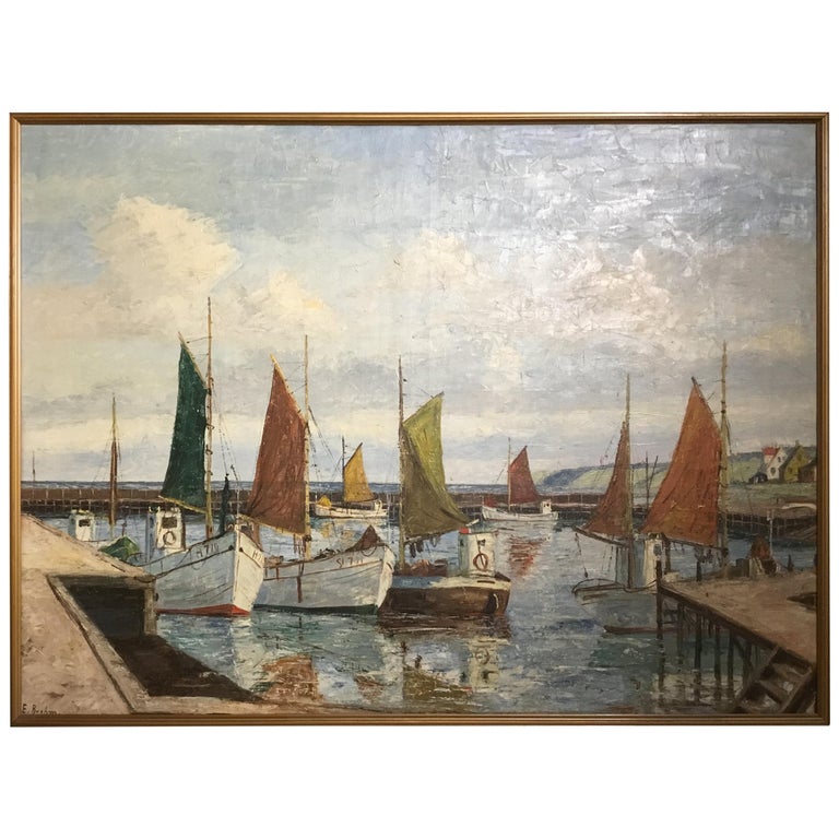 German Harbor Painting by Emil Brehm at 1stDibs