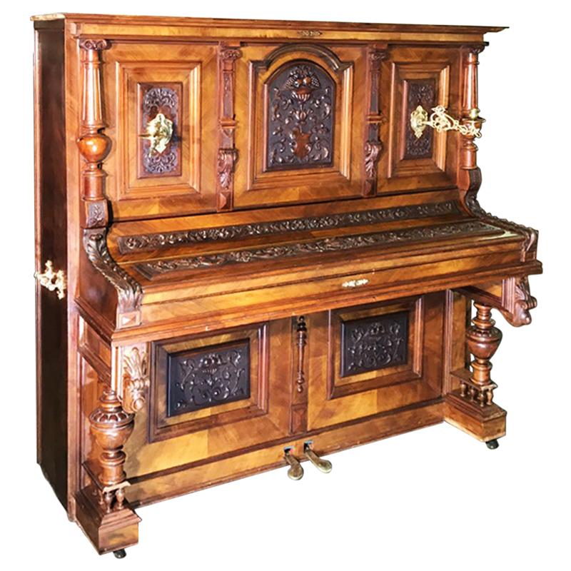 German Historicism Sculpted Walnut Art Case Piano Renaissiance Revival ...