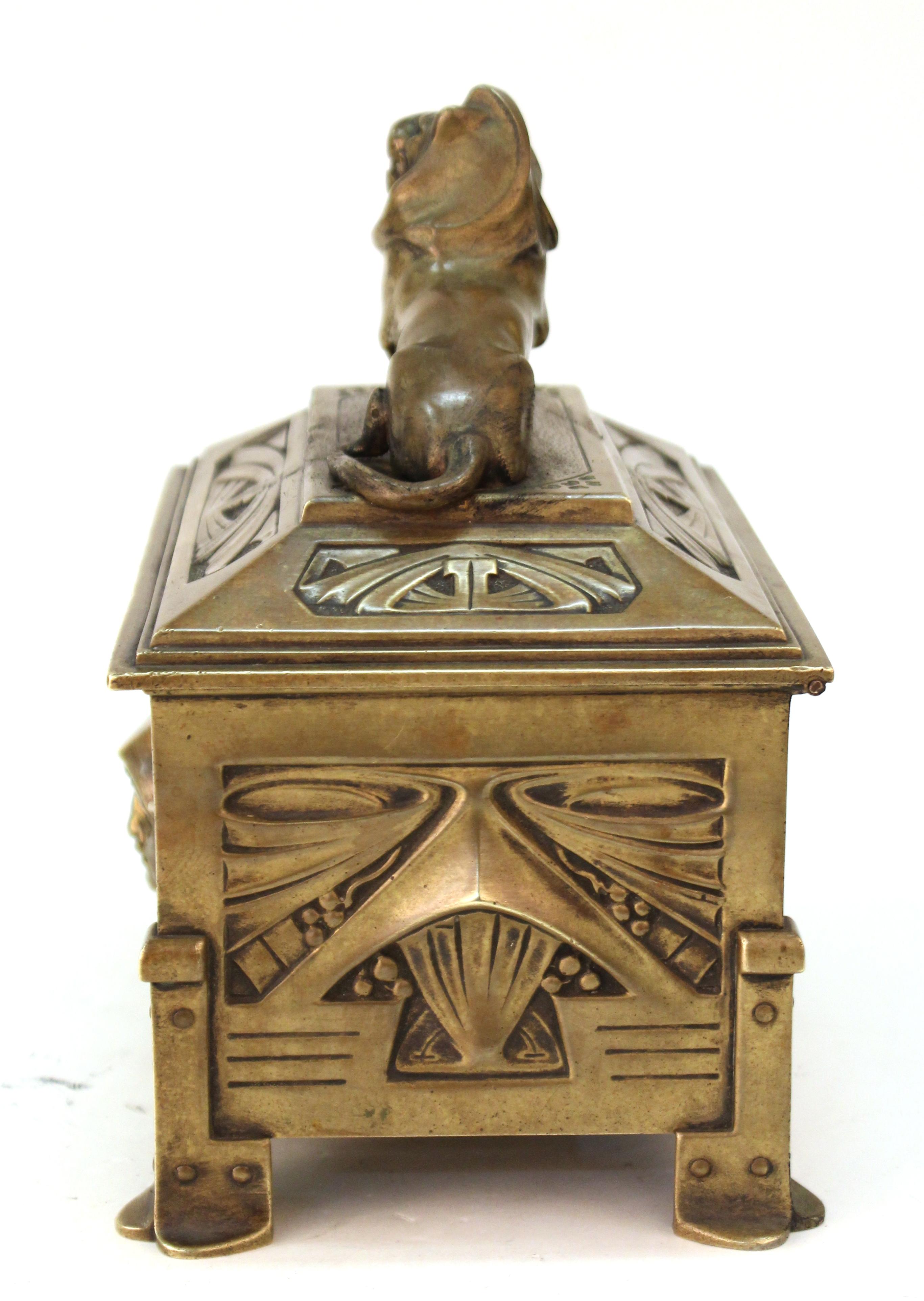 German Jugendstil Bronze Jewelry Box or Casket with Lion Guardian Lid ...
