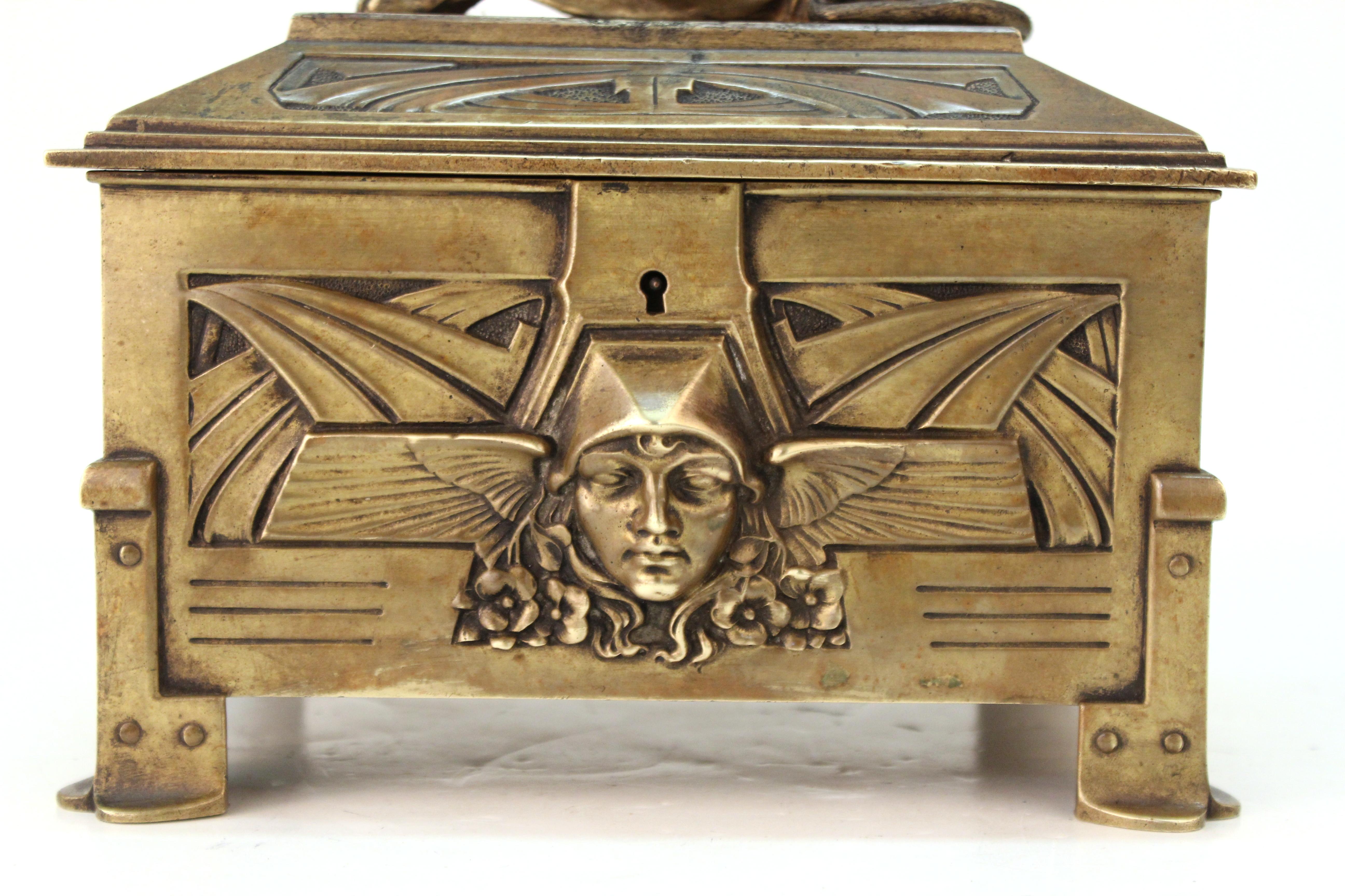 German Jugendstil Bronze Jewelry Box or Casket with Lion Guardian Lid ...