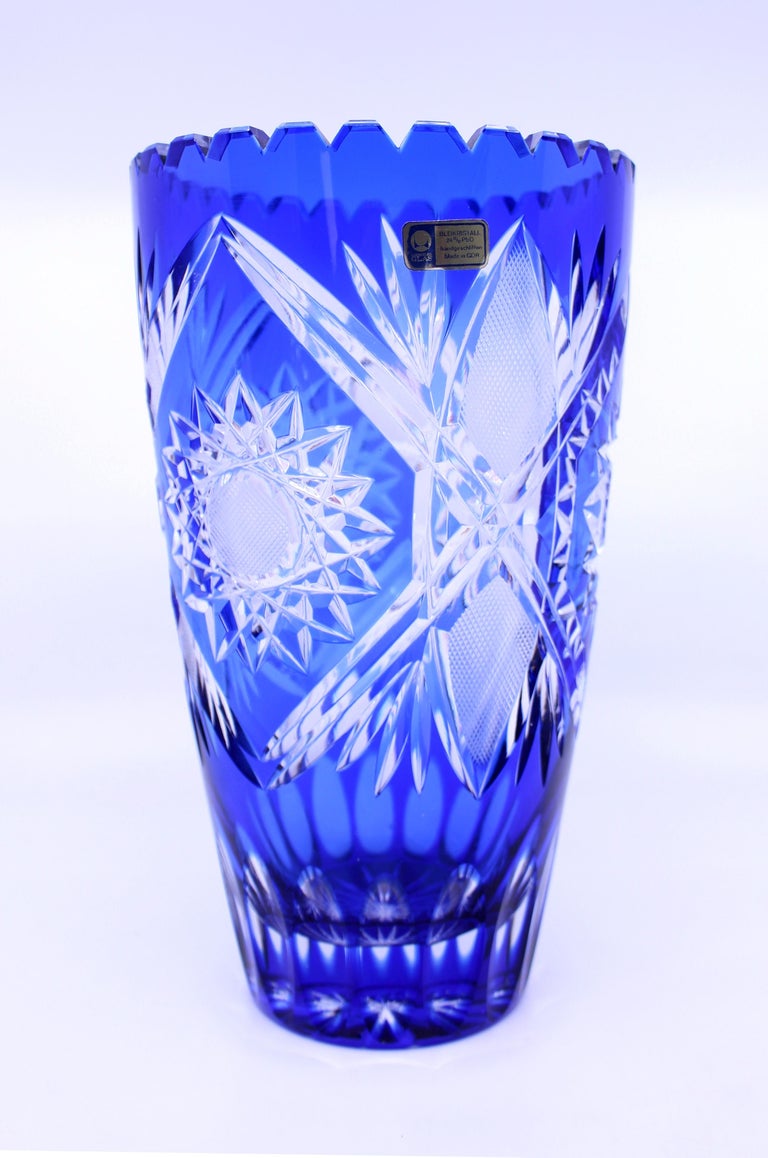 German Lausitzer Blue Overlay Crystal Vase For Sale at 1stDibs