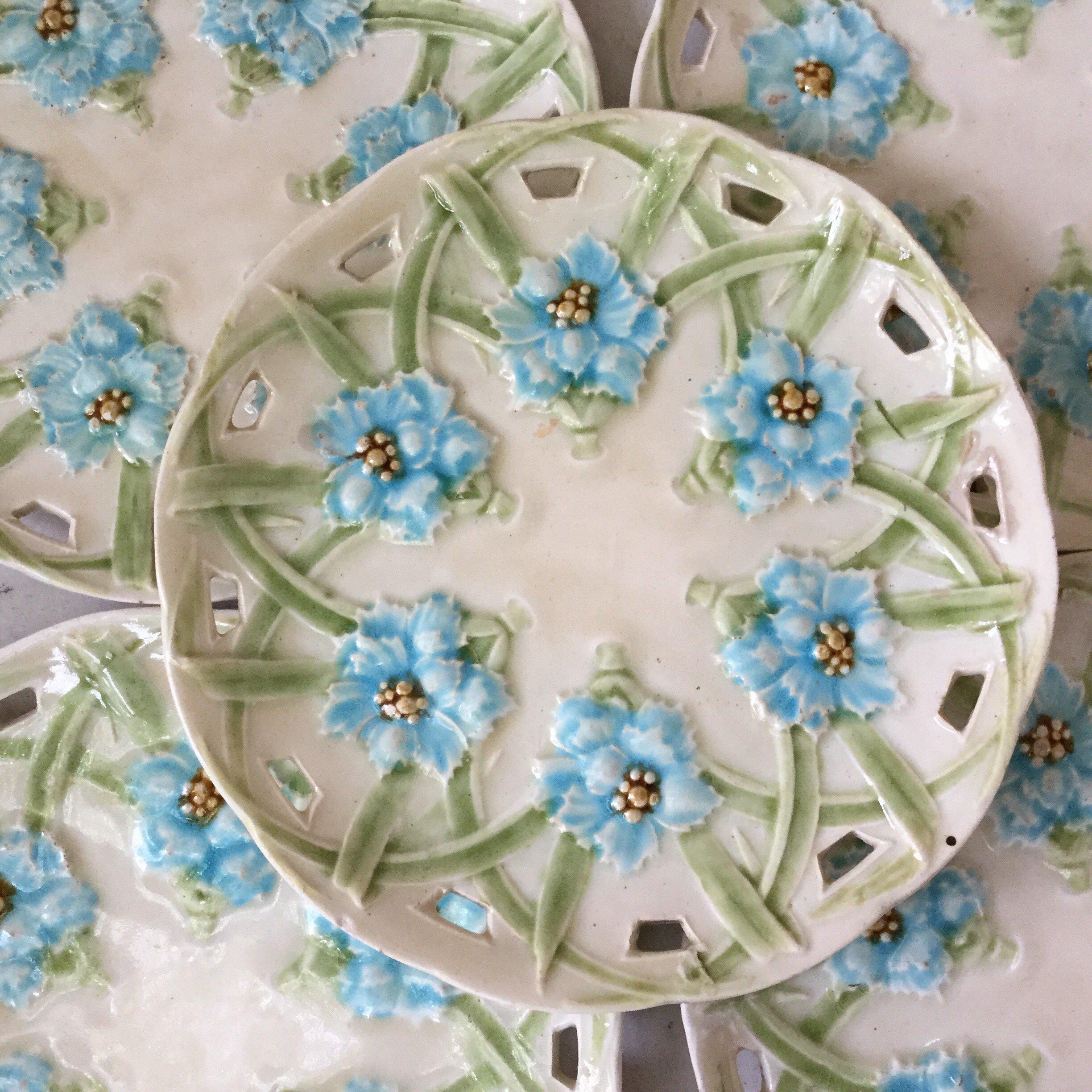 German Majolica Reticulated Blue Flowers Plate, circa 1890 at 1stDibs