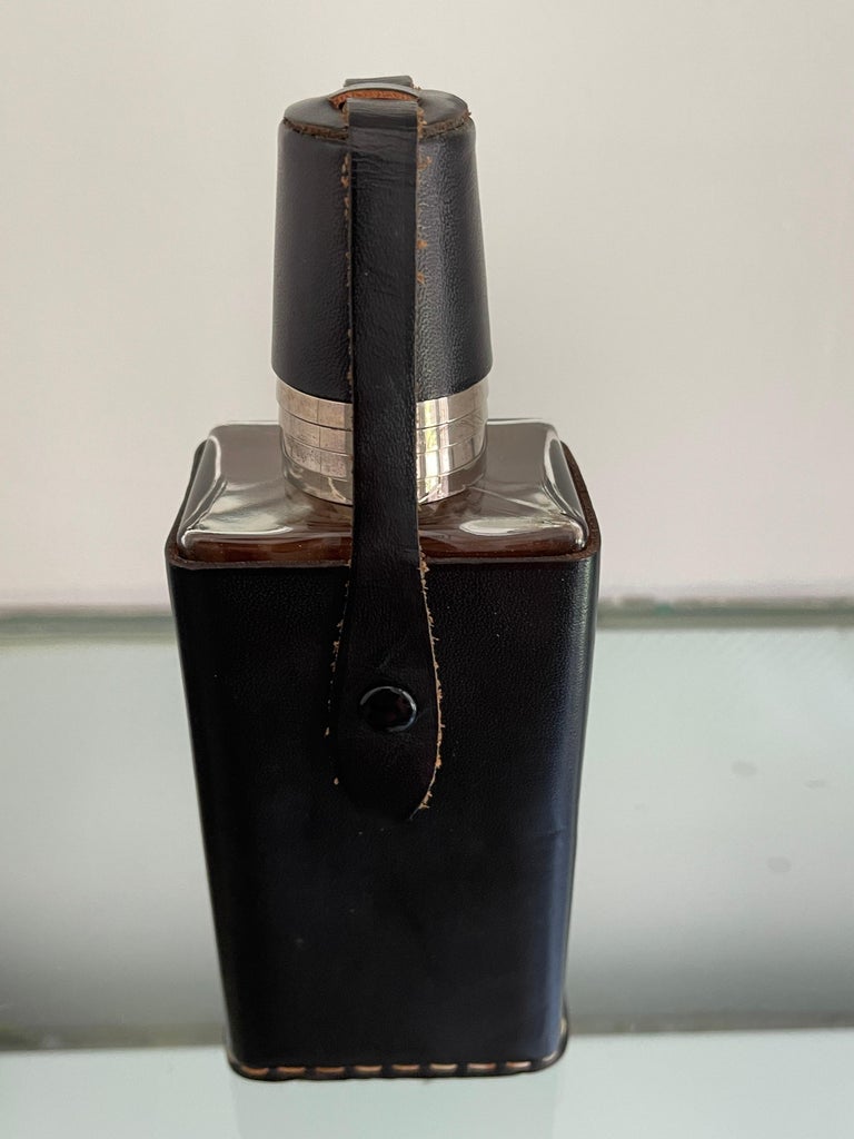 German Mid-Century Hand Stitched Black Leather Glass Flask / Shot Glass ...