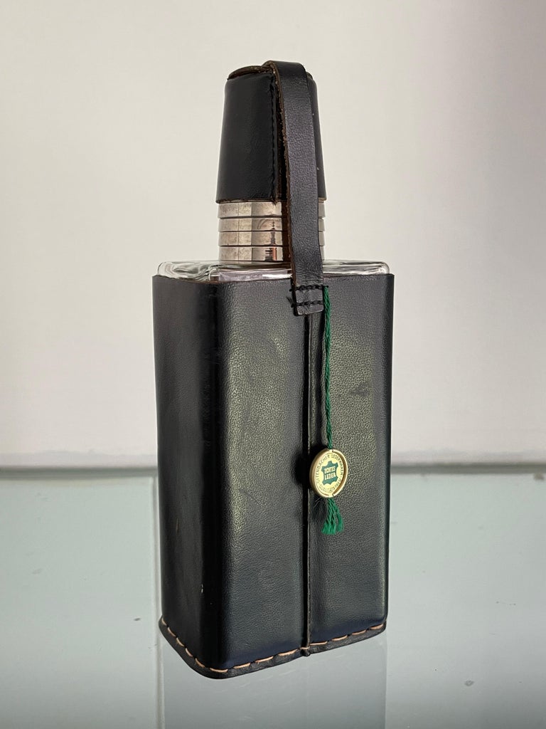 German Mid-Century Hand Stitched Black Leather Glass Flask / Shot Glass ...