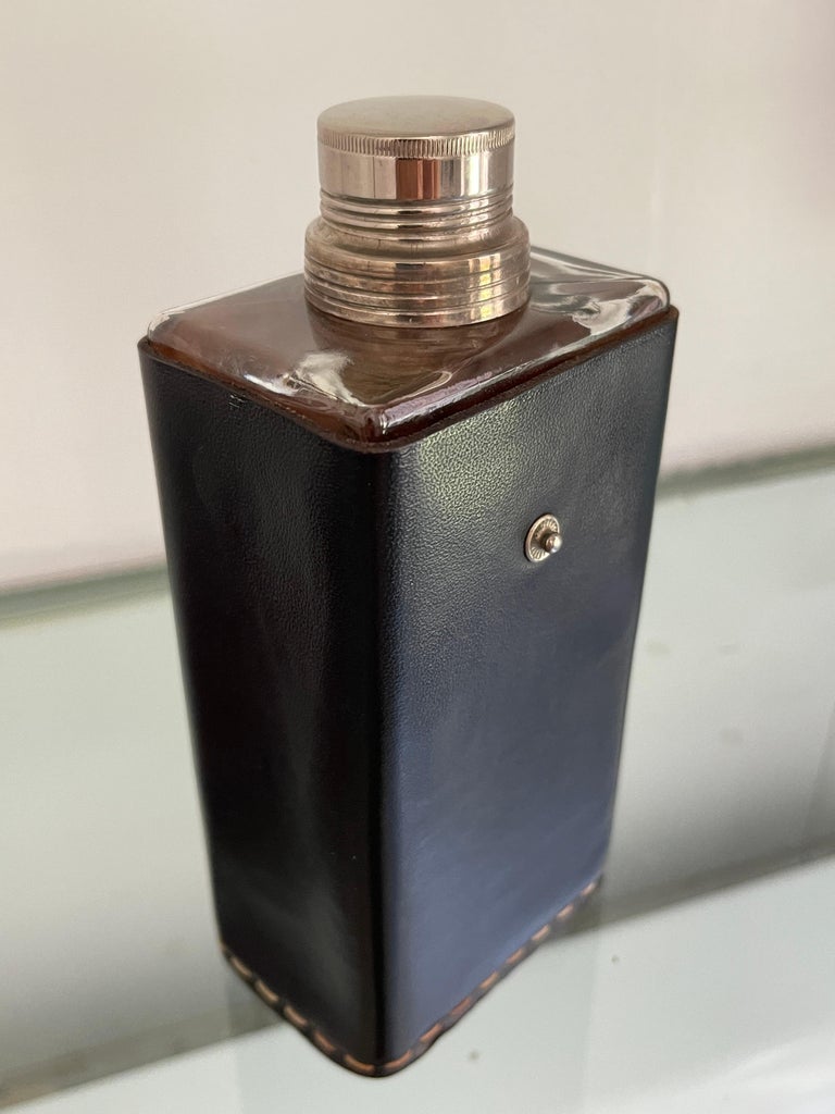 German Mid-Century Hand Stitched Black Leather Glass Flask / Shot Glass ...