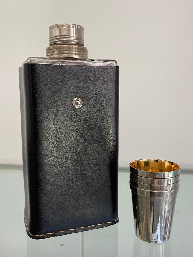 German Mid-Century Hand Stitched Black Leather Glass Flask / Shot Glass ...