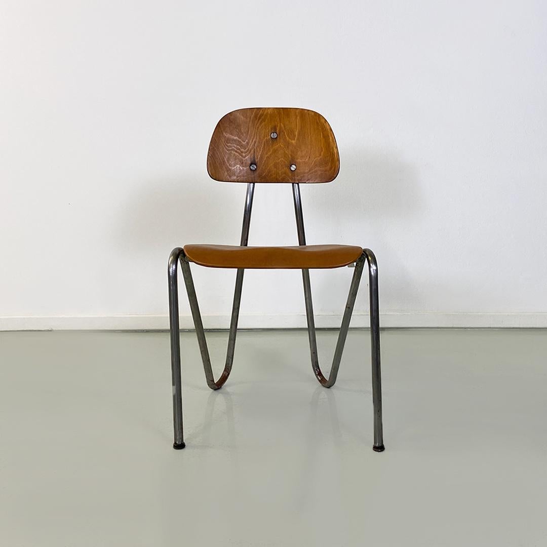 German Midcentury Wood, Leather and Metal Stackable Chairs Bauhaus ...