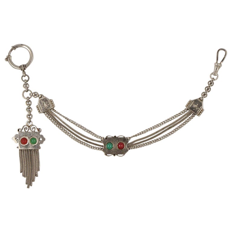 German Oberstein Antique Silver Tone Pocket Watch Chain Red and Green ...