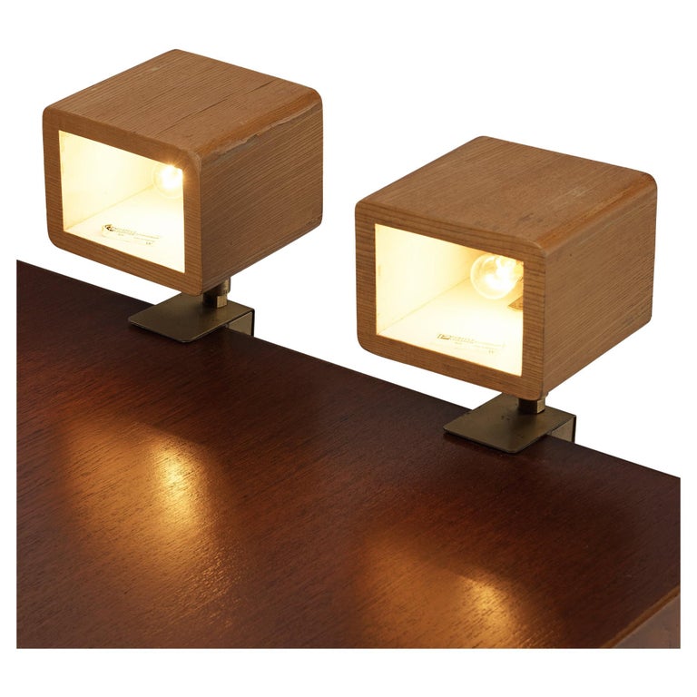 German Pair of Mounted Wooden Desk Lamps with Brass For Sale at 1stDibs