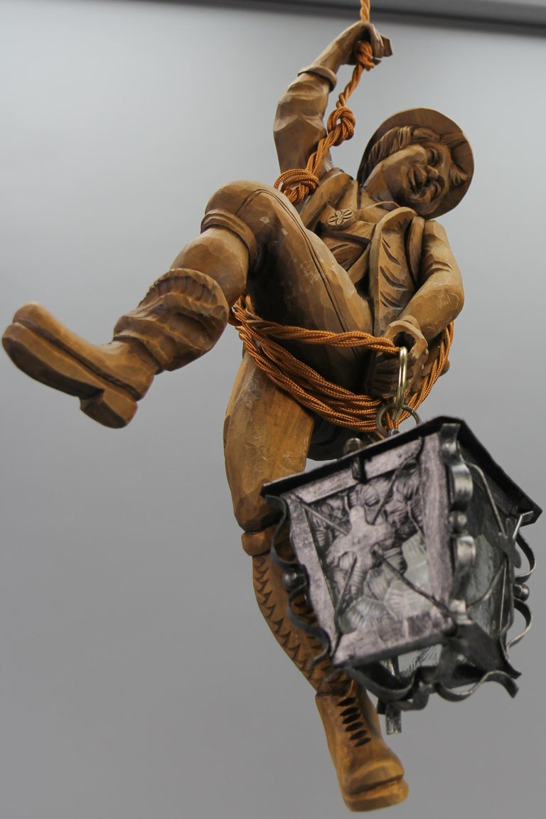 German Pendant Light with Carved Wooden Figure Mountain Climber and ...