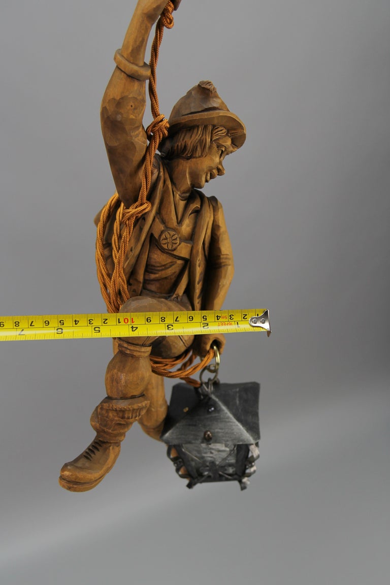 German Pendant Light with Carved Wooden Figure Mountain Climber and ...