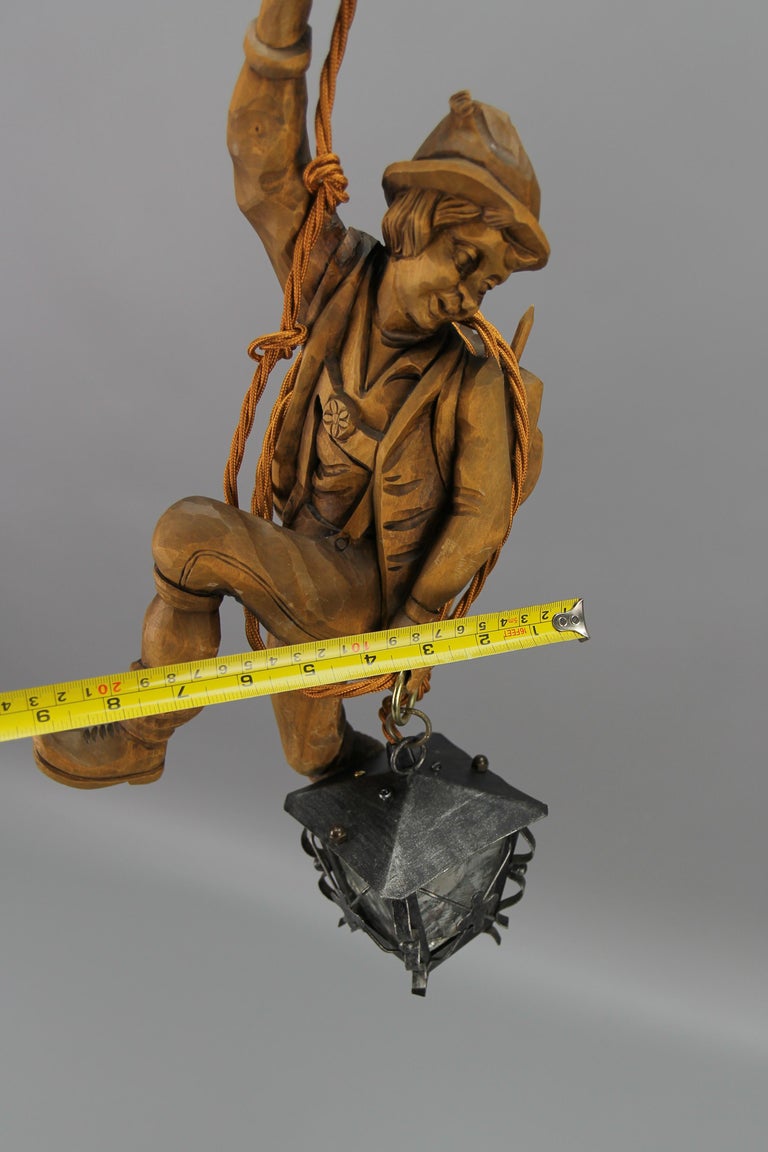German Pendant Light with Carved Wooden Figure Mountain Climber and ...
