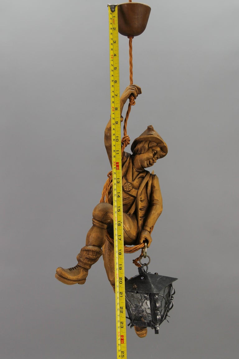 German Pendant Light with Carved Wooden Figure Mountain Climber and ...