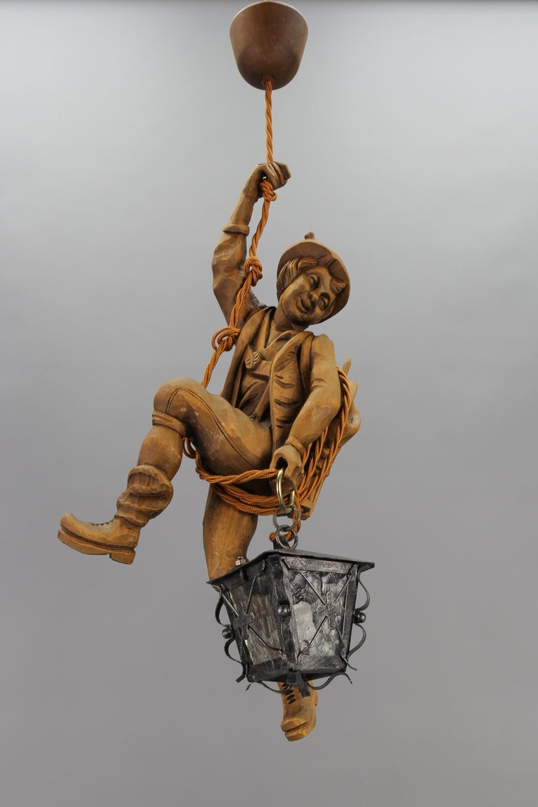 German Pendant Light with Carved Wooden Figure Mountain Climber and ...