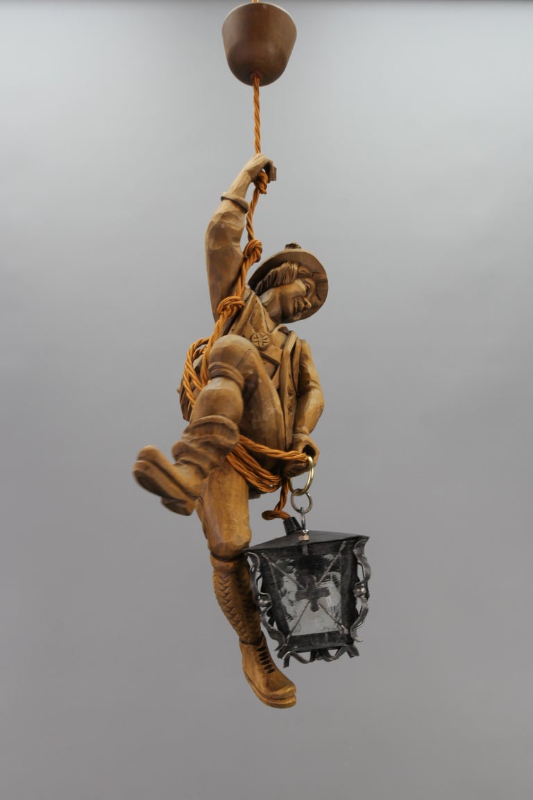 German Pendant Light with Carved Wooden Figure Mountain Climber and ...