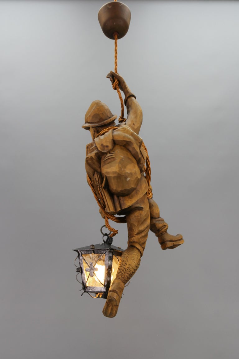 German Pendant Light with Carved Wooden Figure Mountain Climber and ...