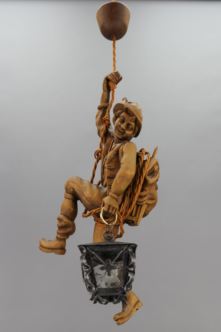 German Pendant Light with Carved Wooden Figure Mountain Climber and ...