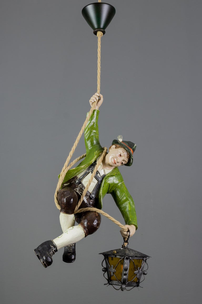 German Pendant Light with Carved Wooden Mountain Climber Figure and ...
