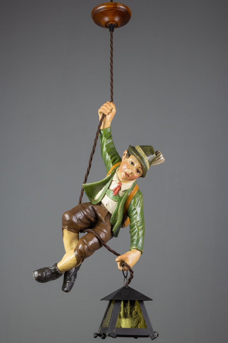 German Pendant Light with Hand Carved Mountain Climber Sculpture and ...
