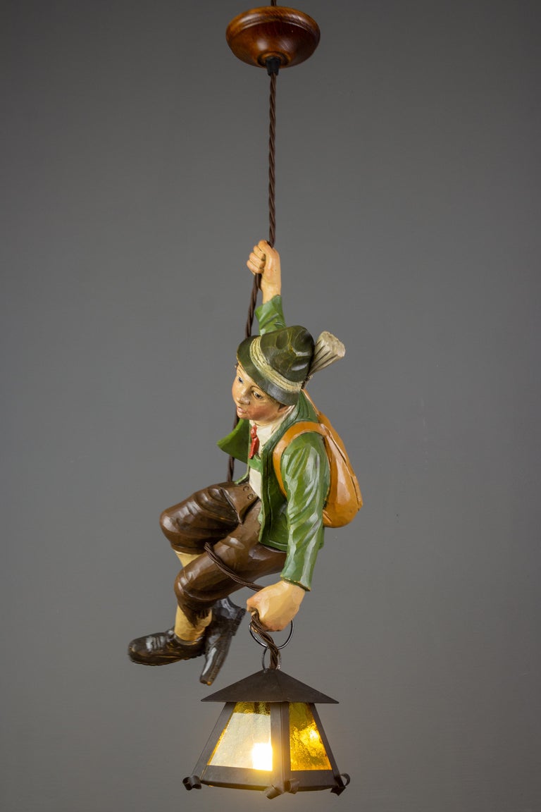 German Pendant Light with Hand Carved Mountain Climber Sculpture and ...