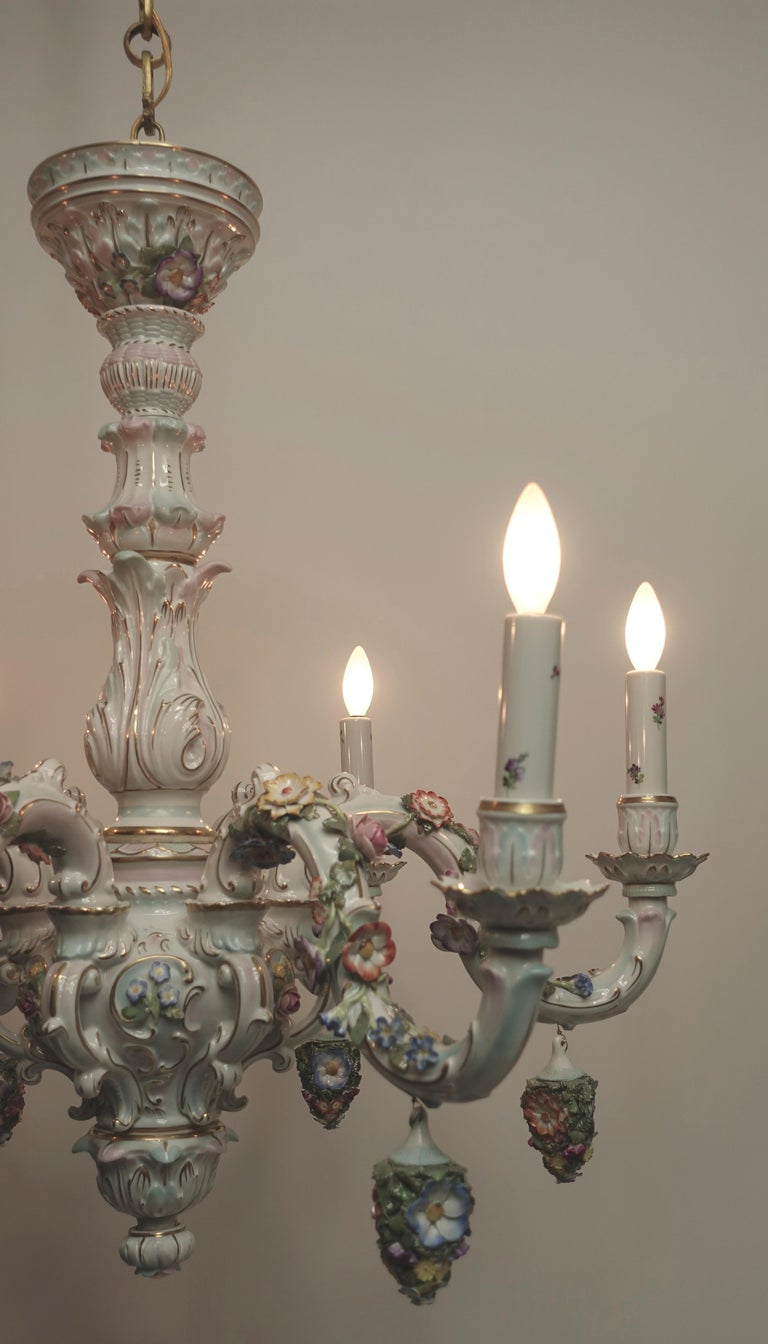 German Porcelain Six-Light Floral Decorated Chandelier at 1stDibs