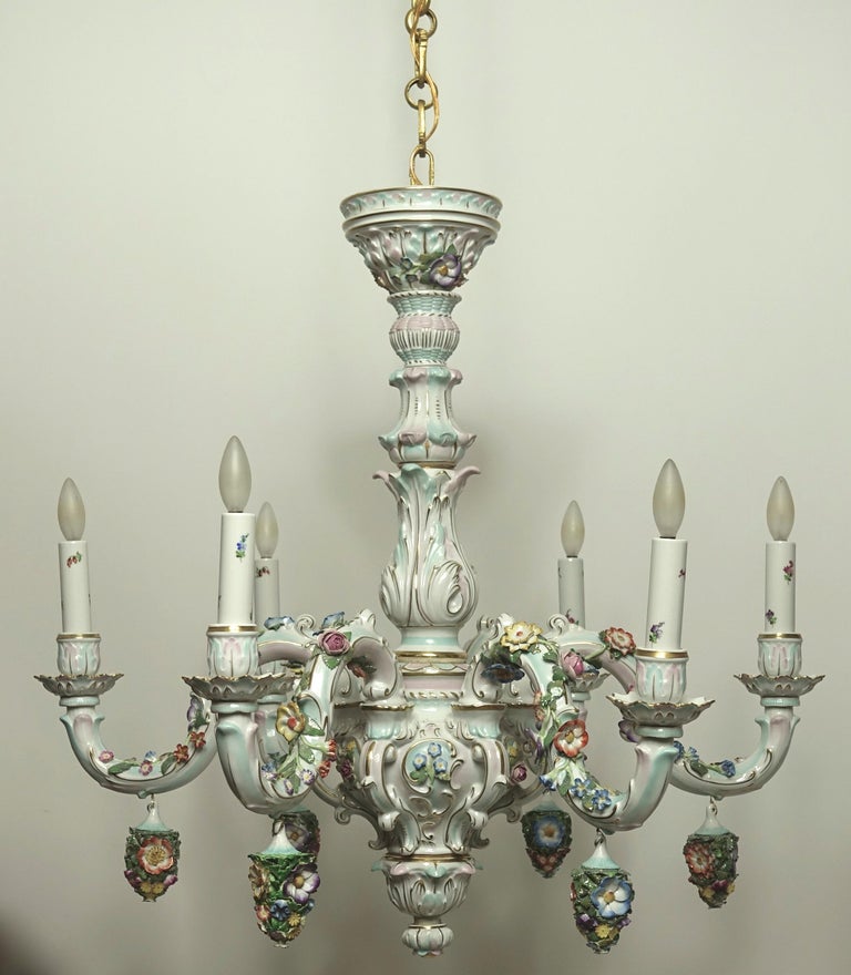 German Porcelain Six-Light Floral Decorated Chandelier at 1stDibs