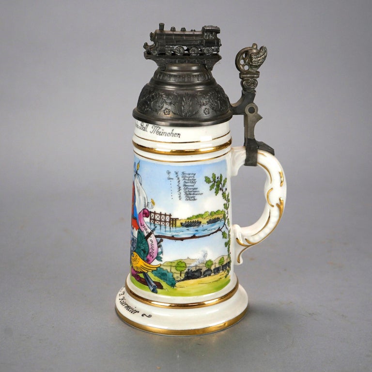German Porcelain Stein with Figural Railroad Finial 20th C at 1stDibs