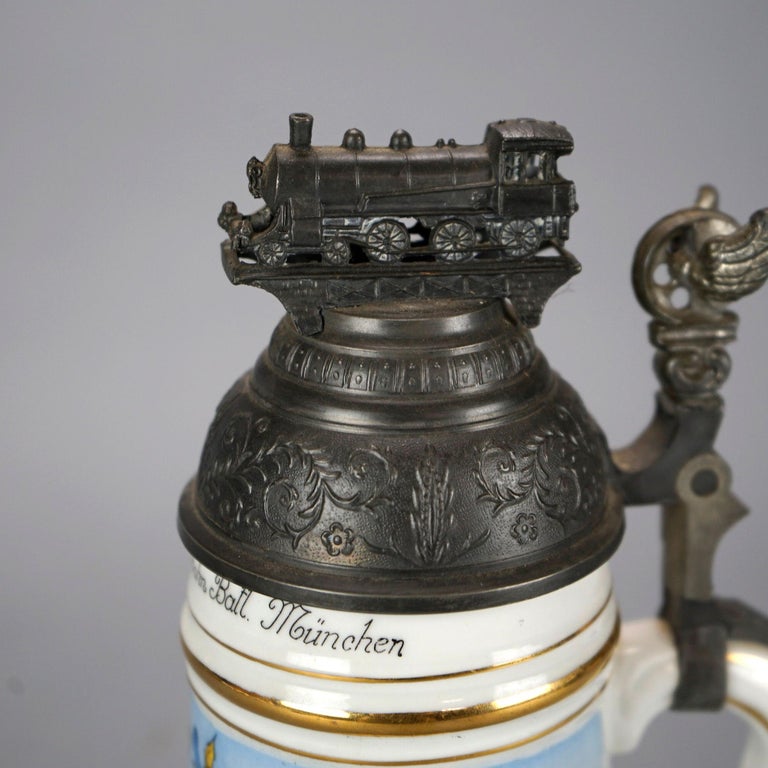German Porcelain Stein with Figural Railroad Finial 20th C at 1stDibs