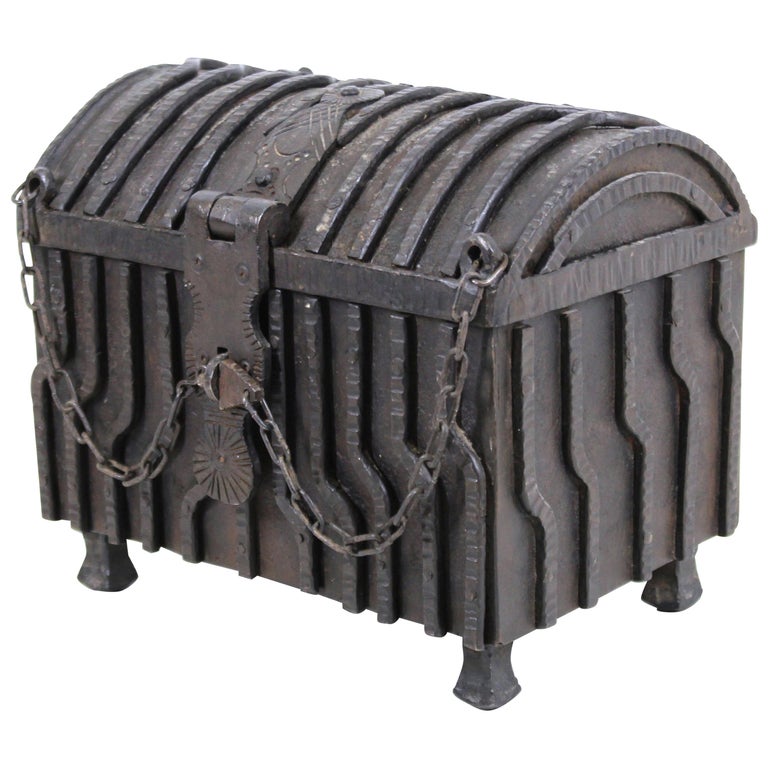 German Renaissance Revival Wrought Iron Strong Box with Lock Chain at ...
