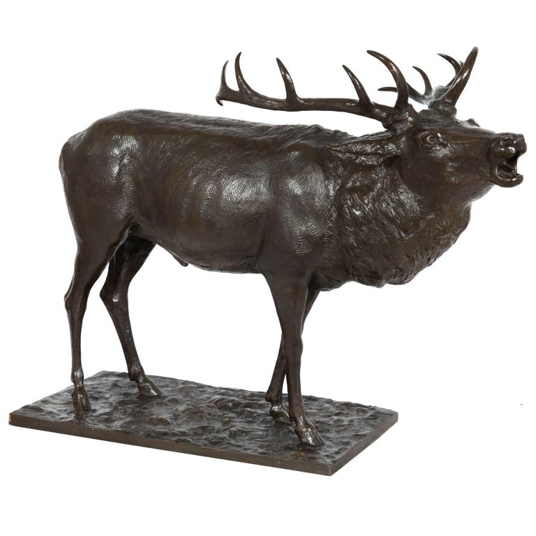 German School Antique Bronze Sculpture of a Barking Elk by Armbruster ...
